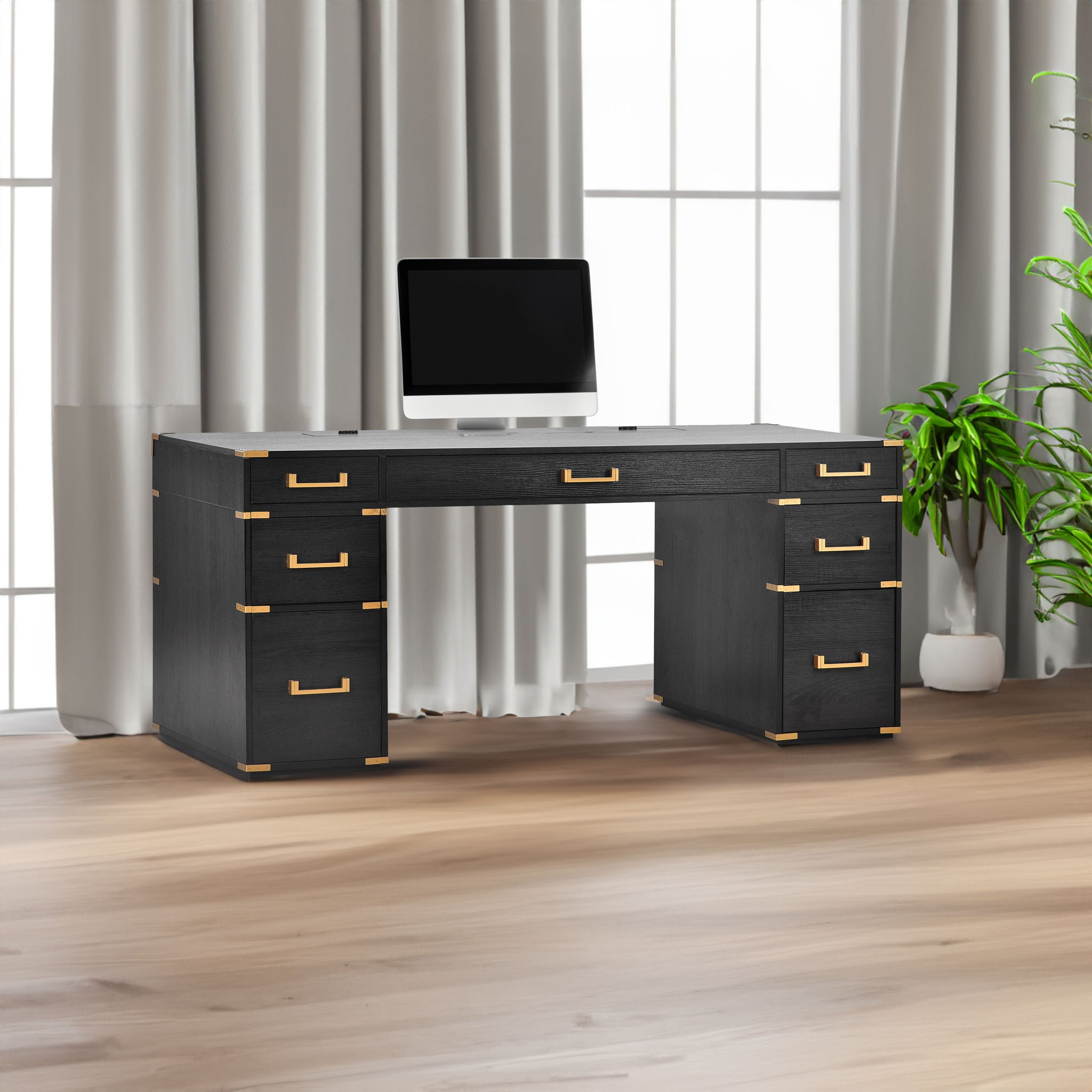 70 inch classic and traditional executive desk with metal trim, writin